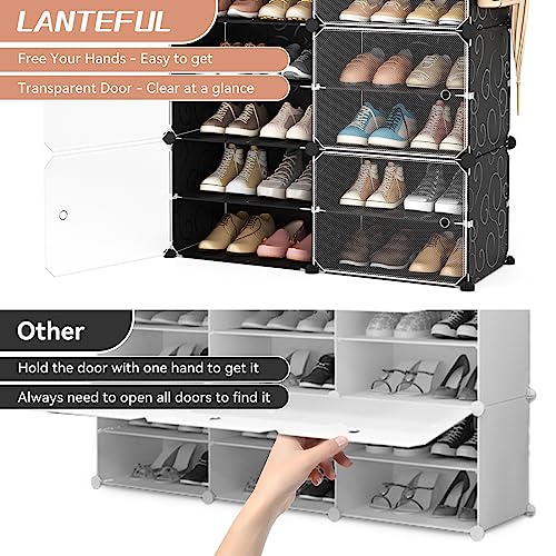 LANTEFUL Shoe Rack Organizer Shoe Storage Cabinet 8 Tiers 32 Pair Portable Shoe Storage Sturdy Plastic Black Shoe Shelf with Hooks Shoe Rack with Door for Entryway, Bedroom and Hallway