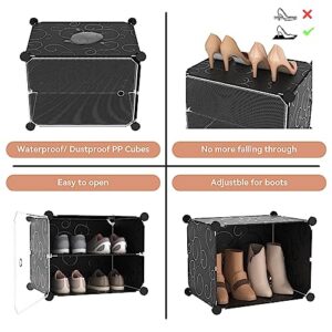 LANTEFUL Shoe Rack Organizer Shoe Storage Cabinet 8 Tiers 32 Pair Portable Shoe Storage Sturdy Plastic Black Shoe Shelf with Hooks Shoe Rack with Door for Entryway, Bedroom and Hallway