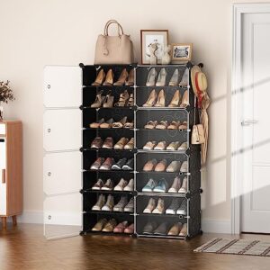 LANTEFUL Shoe Rack Organizer Shoe Storage Cabinet 8 Tiers 32 Pair Portable Shoe Storage Sturdy Plastic Black Shoe Shelf with Hooks Shoe Rack with Door for Entryway, Bedroom and Hallway