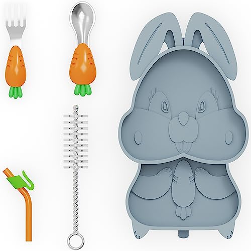 EMGATE Silicone Baby Feeding Set Includes Toddler Plates, Toddler Forks and Spoons –Premium 5-Piece Toddler Feeding Supplies – Non-BPA Bunny Plates with Straw, Brush – Cute Packaging (Blue)