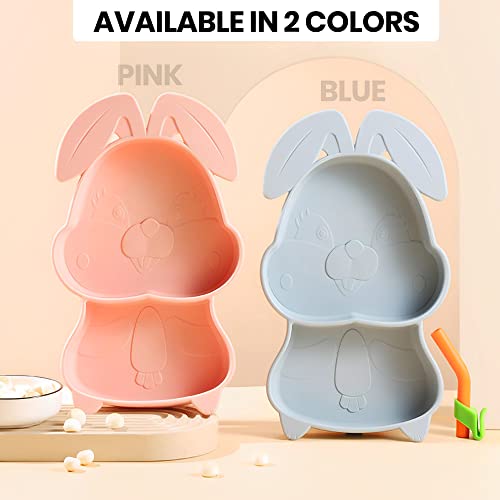 EMGATE Silicone Baby Feeding Set Includes Toddler Plates, Toddler Forks and Spoons –Premium 5-Piece Toddler Feeding Supplies – Non-BPA Bunny Plates with Straw, Brush – Cute Packaging (Blue)