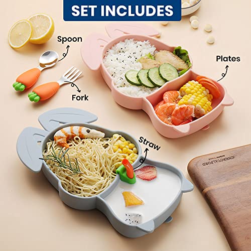 EMGATE Silicone Baby Feeding Set Includes Toddler Plates, Toddler Forks and Spoons –Premium 5-Piece Toddler Feeding Supplies – Non-BPA Bunny Plates with Straw, Brush – Cute Packaging (Blue)