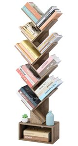 tajsoon 9 tier tree bookshelf with drawer bookcase, floor standing book storage rack, tall bookshelf for cds/books/movies, bookshelf organizer for bedroom, living room, home office,greige