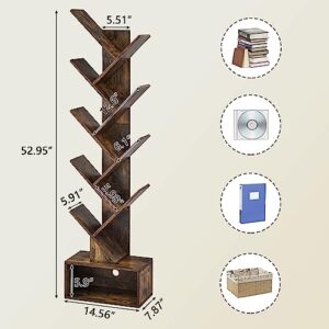 Tajsoon 9 Tier Tree Bookshelf with Drawer Bookcase, Floor Standing Book Storage Rack, Tall Bookshelf for CDs/Books/Movies, Bookshelf Organizer for Bedroom, Living Room, Home Office,Greige