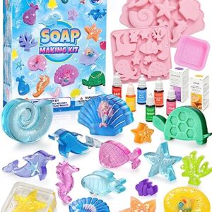 Golray Mermaid Soap Making Craft Kit Kids Toy, 18 Model, 6 Ink, 2 Essential Oil Supply, Art and Craft for Kid Girl Age 8-12 Year Old Ocean Animal Toy Birthday Gift, DIY Science Kits (Create 16+pcs)