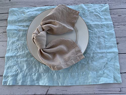 Eight Owls Stonewashed Linen Placemats – 15” x 20”– Set of 4-100% Pure Linen Cloth - Mitered Corners – 2" Hem – Coast (Aqua Lagoon)