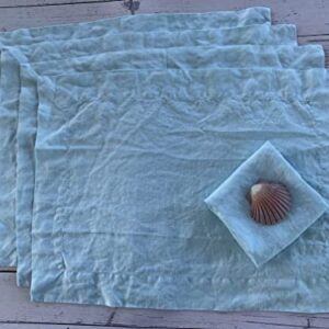 Eight Owls Stonewashed Linen Placemats – 15” x 20”– Set of 4-100% Pure Linen Cloth - Mitered Corners – 2" Hem – Coast (Aqua Lagoon)