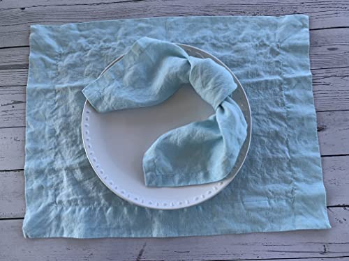 Eight Owls Stonewashed Linen Placemats – 15” x 20”– Set of 4-100% Pure Linen Cloth - Mitered Corners – 2" Hem – Coast (Aqua Lagoon)