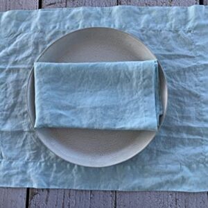 Eight Owls Stonewashed Linen Placemats – 15” x 20”– Set of 4-100% Pure Linen Cloth - Mitered Corners – 2" Hem – Coast (Aqua Lagoon)