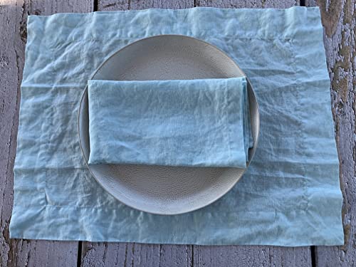 Eight Owls Stonewashed Linen Placemats – 15” x 20”– Set of 4-100% Pure Linen Cloth - Mitered Corners – 2" Hem – Coast (Aqua Lagoon)