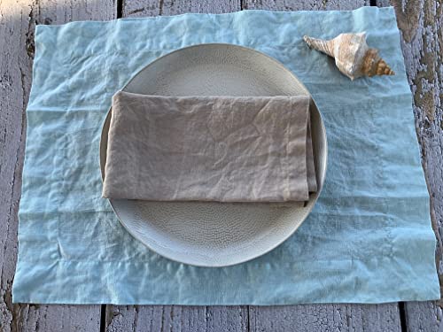 Eight Owls Stonewashed Linen Placemats – 15” x 20”– Set of 4-100% Pure Linen Cloth - Mitered Corners – 2" Hem – Coast (Aqua Lagoon)