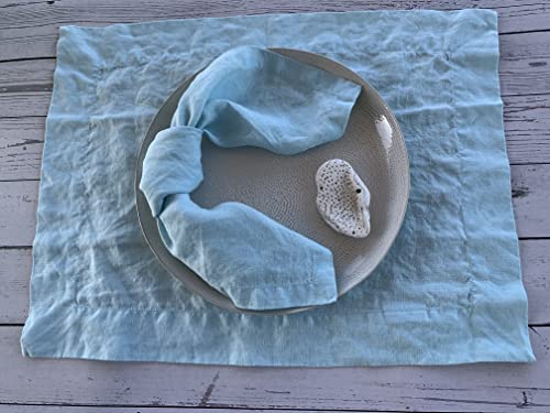 Eight Owls Stonewashed Linen Placemats – 15” x 20”– Set of 4-100% Pure Linen Cloth - Mitered Corners – 2" Hem – Coast (Aqua Lagoon)