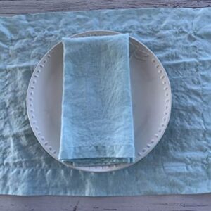 Eight Owls Stonewashed Linen Placemats – 15” x 20”– Set of 4-100% Pure Linen Cloth - Mitered Corners – 2" Hem – Coast (Aqua Lagoon)