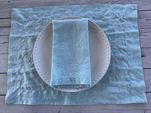 Eight Owls Stonewashed Linen Placemats – 15” x 20”– Set of 4-100% Pure Linen Cloth - Mitered Corners – 2" Hem – Coast (Aqua Lagoon)