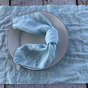 Eight Owls Stonewashed Linen Placemats – 15” x 20”– Set of 4-100% Pure Linen Cloth - Mitered Corners – 2" Hem – Coast (Aqua Lagoon)