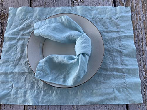 Eight Owls Stonewashed Linen Placemats – 15” x 20”– Set of 4-100% Pure Linen Cloth - Mitered Corners – 2" Hem – Coast (Aqua Lagoon)