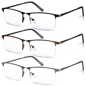 weimeltoy 3 pack blue light blocking reading glasses for men, stylish half frame metal computer readers, lightweight spring hinge eyeglasses anti eyestrain/glare/uv (mix color, black+grey+brown, 1.25)