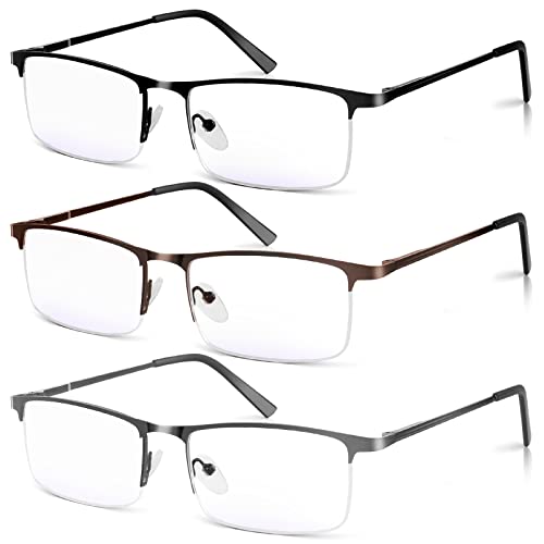 WEIMELTOY 3 Pack Blue Light Blocking Reading Glasses for Men, Stylish Half Frame Metal Computer Readers, Lightweight Spring Hinge Eyeglasses Anti Eyestrain/Glare/UV (Mix Color, Black+Grey+Brown, 1.25)