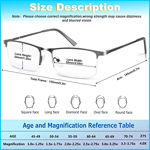 WEIMELTOY 3 Pack Blue Light Blocking Reading Glasses for Men, Stylish Half Frame Metal Computer Readers, Lightweight Spring Hinge Eyeglasses Anti Eyestrain/Glare/UV (Mix Color, Black+Grey+Brown, 1.25)