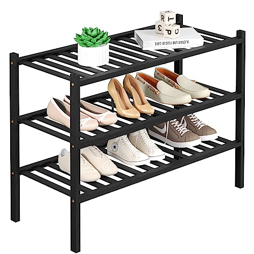 ROMGUAR CRAFT 3 Tier Bamboo Shoe Rack for Closet Free Standing Wood Shoe Shelf for Entryway Small Space Stackable 27"x11"x20" (Black)