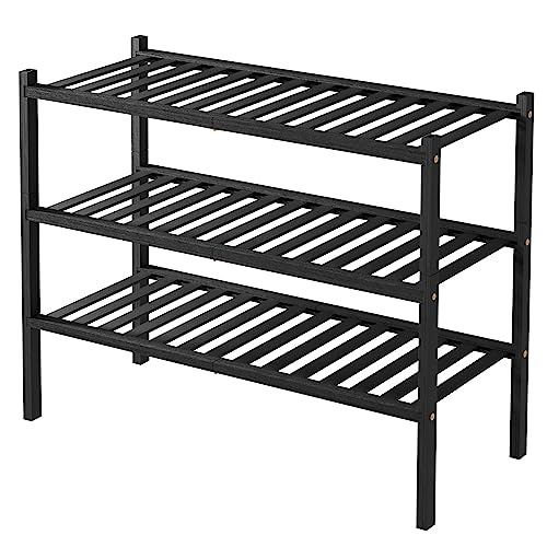 ROMGUAR CRAFT 3 Tier Bamboo Shoe Rack for Closet Free Standing Wood Shoe Shelf for Entryway Small Space Stackable 27"x11"x20" (Black)