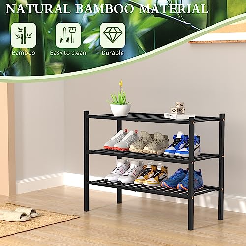 ROMGUAR CRAFT 3 Tier Bamboo Shoe Rack for Closet Free Standing Wood Shoe Shelf for Entryway Small Space Stackable 27"x11"x20" (Black)