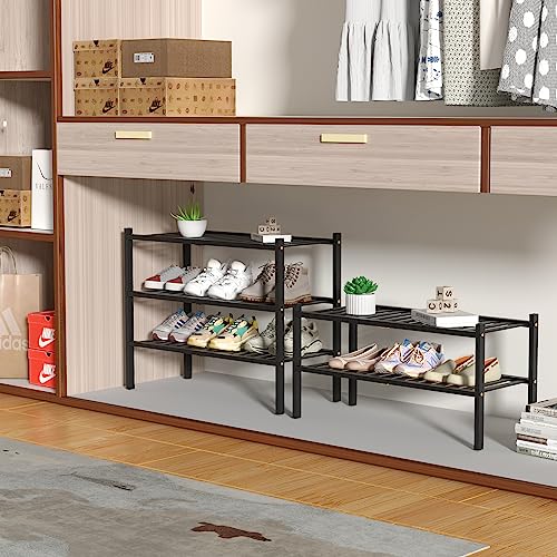 ROMGUAR CRAFT 3 Tier Bamboo Shoe Rack for Closet Free Standing Wood Shoe Shelf for Entryway Small Space Stackable 27"x11"x20" (Black)