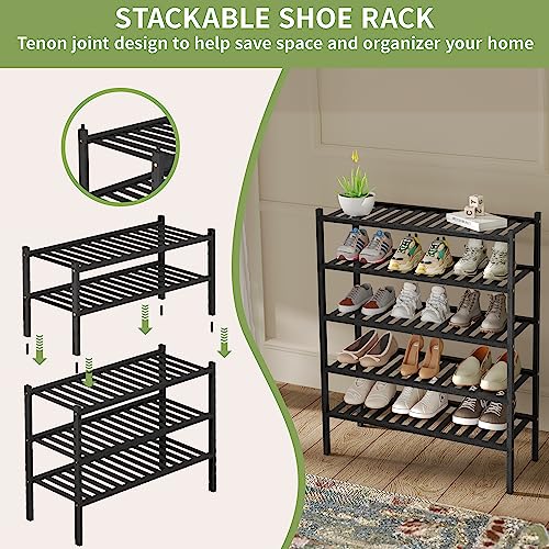 ROMGUAR CRAFT 3 Tier Bamboo Shoe Rack for Closet Free Standing Wood Shoe Shelf for Entryway Small Space Stackable 27"x11"x20" (Black)