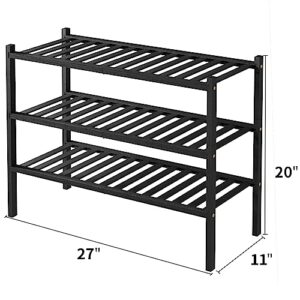 ROMGUAR CRAFT 3 Tier Bamboo Shoe Rack for Closet Free Standing Wood Shoe Shelf for Entryway Small Space Stackable 27"x11"x20" (Black)