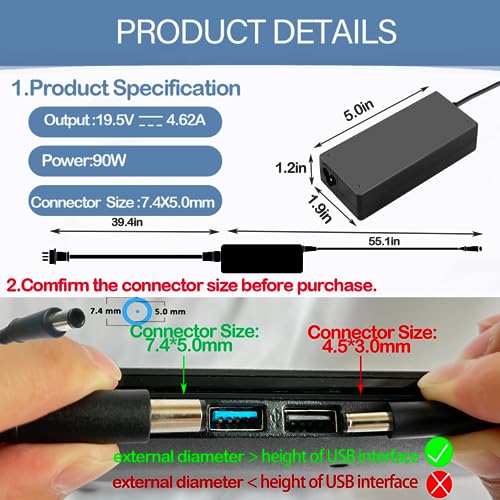 90W 65W AC Adapter Laptop Charger for Dell Inspiron 14R 15R 17R Series 1440 1520 N7010 5720 AC Adapter Charger Dell Studio 1558 1737 1640 Latitude 7490 Chromebook 11 3120 3180 3189 0J62H3 PA12