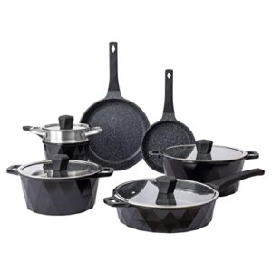 country kitchen nonstick induction cookware sets - 11 piece nonstick cast aluminum pots and pans with bakelite handles - induction pots and pans with glass lids (black)