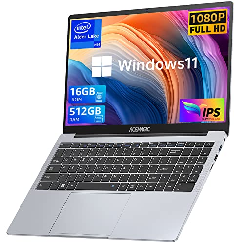 ACEMAGIC Laptop 15.6 FHD 16GB DDR4 512GB SSD, Intel Quad-Core 12th Alder Lake N95(Up to 3.4GHz) with Windows 11 Pro PC, Light Metal Laptop Computers Support 2.4G/5G WiFi, BT5.0, 2×Speaker, Mic, USB3.2