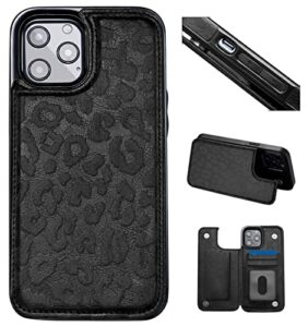 micrkindom flip leather wallet case for iphone 12 pro/12 - card holder kickstand phone case for women, personalized picture text double magnetic buttons shockproof case (black leopard - all black)