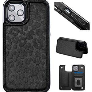 MicrKindom Flip Leather Wallet Case for iPhone 12 Pro/12 - Card Holder Kickstand Phone Case for Women, Personalized Picture Text Double Magnetic Buttons Shockproof Case (Black Leopard - All Black)