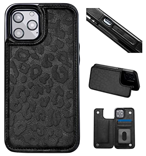 MicrKindom Flip Leather Wallet Case for iPhone 12 Pro/12 - Card Holder Kickstand Phone Case for Women, Personalized Picture Text Double Magnetic Buttons Shockproof Case (Black Leopard - All Black)