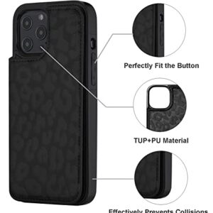 MicrKindom Flip Leather Wallet Case for iPhone 12 Pro/12 - Card Holder Kickstand Phone Case for Women, Personalized Picture Text Double Magnetic Buttons Shockproof Case (Black Leopard - All Black)