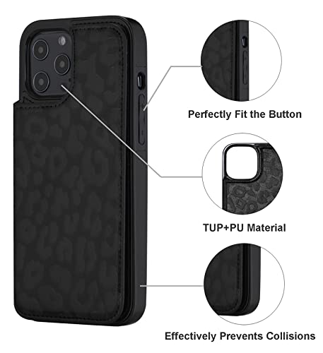 MicrKindom Flip Leather Wallet Case for iPhone 12 Pro/12 - Card Holder Kickstand Phone Case for Women, Personalized Picture Text Double Magnetic Buttons Shockproof Case (Black Leopard - All Black)