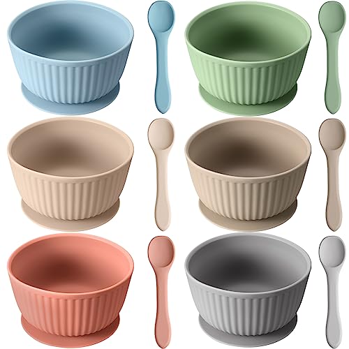 Jinei 6 Pack Baby Silicone Suction Bowls with Spoon Baby Led Weaning Food Bowl Toddler Food Storage Bowl Dishwasher Microwave Safe Feeding Set