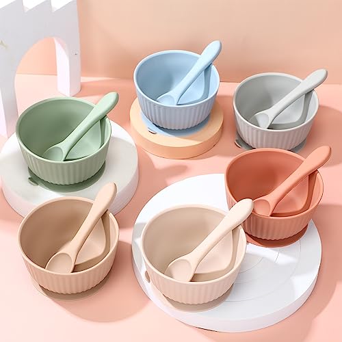 Jinei 6 Pack Baby Silicone Suction Bowls with Spoon Baby Led Weaning Food Bowl Toddler Food Storage Bowl Dishwasher Microwave Safe Feeding Set