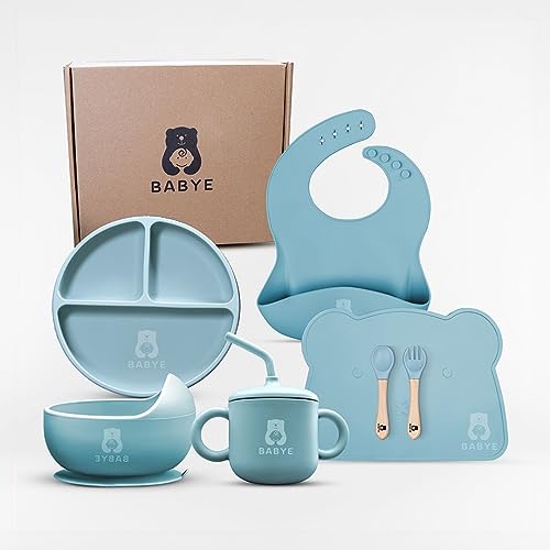 BABYE Silicone Baby Feeding set, Baby led weaning supplies, Baby spoons, Sippy cup, Toddler utensils, toddler plates, baby bowls, feeding supplies, Snack cups, Baby bibs