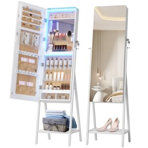 lvsomt led jewelry mirror cabinet armoire, free standing full-length mirror with jewelry storage, lockable jewelry storage organizer, w/ 2 drawers, bottom shelf, built-in lighted makeup mirror, white