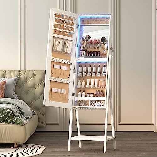 LVSOMT LED Jewelry Mirror Cabinet Armoire, Free Standing Full-Length Mirror with Jewelry Storage, Lockable Jewelry Storage Organizer, w/ 2 Drawers, Bottom Shelf, Built-in Lighted Makeup Mirror, White