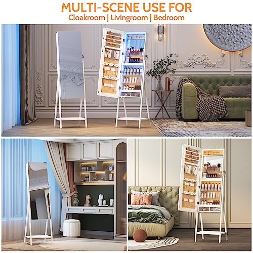 LVSOMT LED Jewelry Mirror Cabinet Armoire, Free Standing Full-Length Mirror with Jewelry Storage, Lockable Jewelry Storage Organizer, w/ 2 Drawers, Bottom Shelf, Built-in Lighted Makeup Mirror, White