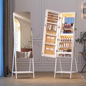 LVSOMT LED Jewelry Mirror Cabinet Armoire, Free Standing Full-Length Mirror with Jewelry Storage, Lockable Jewelry Storage Organizer, w/ 2 Drawers, Bottom Shelf, Built-in Lighted Makeup Mirror, White