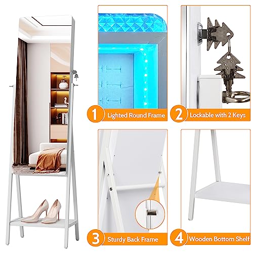 LVSOMT LED Jewelry Mirror Cabinet Armoire, Free Standing Full-Length Mirror with Jewelry Storage, Lockable Jewelry Storage Organizer, w/ 2 Drawers, Bottom Shelf, Built-in Lighted Makeup Mirror, White