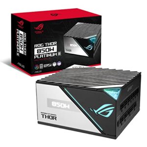 asus rog thor 850w platinum ii (fully modular power supply, 80+ platinum, lambda a++ certified, rog heatsinks, 135mm pwm fan, 0db mode, oled panel, sleeved cables, aura sync, 10 year warranty)