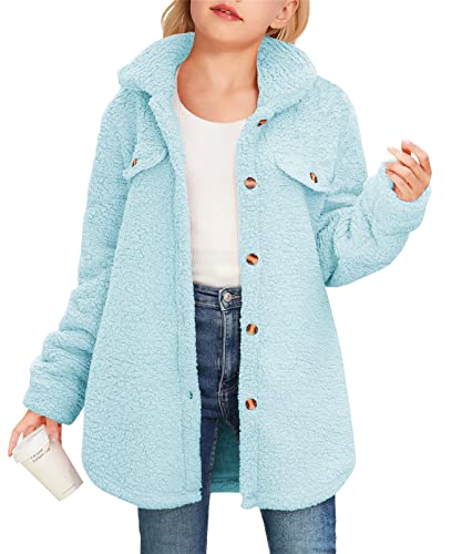 Haloumoning Girls Fuzzy Fleece Jacket Casual Button Down Sherpa Overcoat Faux Fur Jackets Outwear 4-15 Years