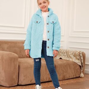 Haloumoning Girls Fuzzy Fleece Jacket Casual Button Down Sherpa Overcoat Faux Fur Jackets Outwear 4-15 Years