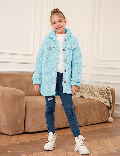 Haloumoning Girls Fuzzy Fleece Jacket Casual Button Down Sherpa Overcoat Faux Fur Jackets Outwear 4-15 Years