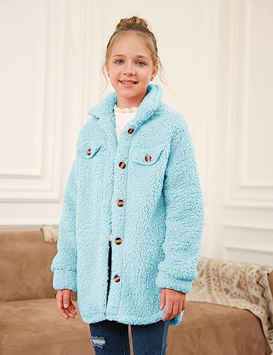 Haloumoning Girls Fuzzy Fleece Jacket Casual Button Down Sherpa Overcoat Faux Fur Jackets Outwear 4-15 Years